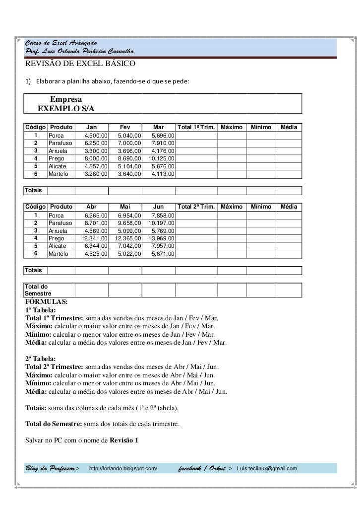 Excel lista de exercicios básicos