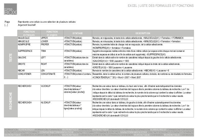 Excel - Liste de formules et fonctions