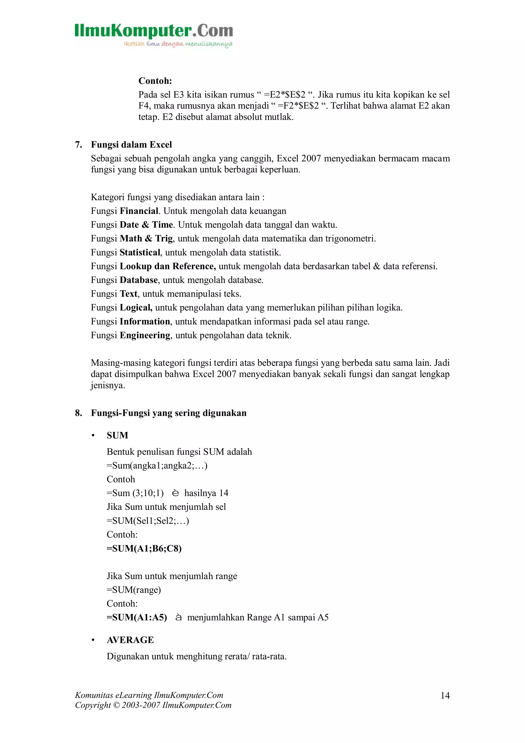 Excel 2007 dasar hingga database | PDF