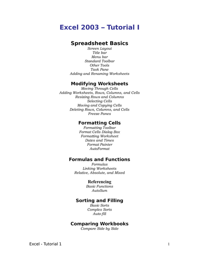 Excel 2003 tutorial 1 | PDF