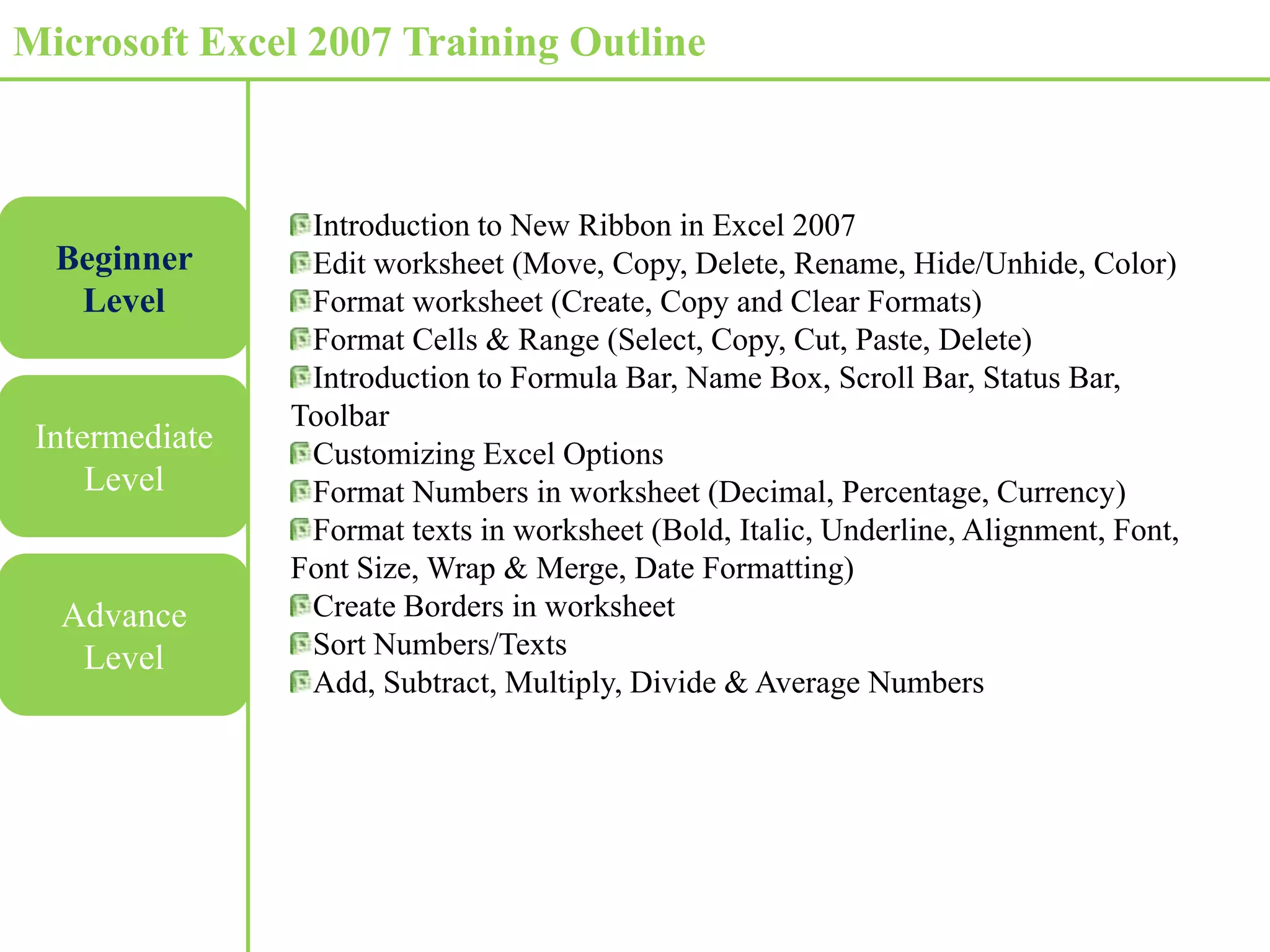 Excel 2007 Training 2012 Outline | PPT