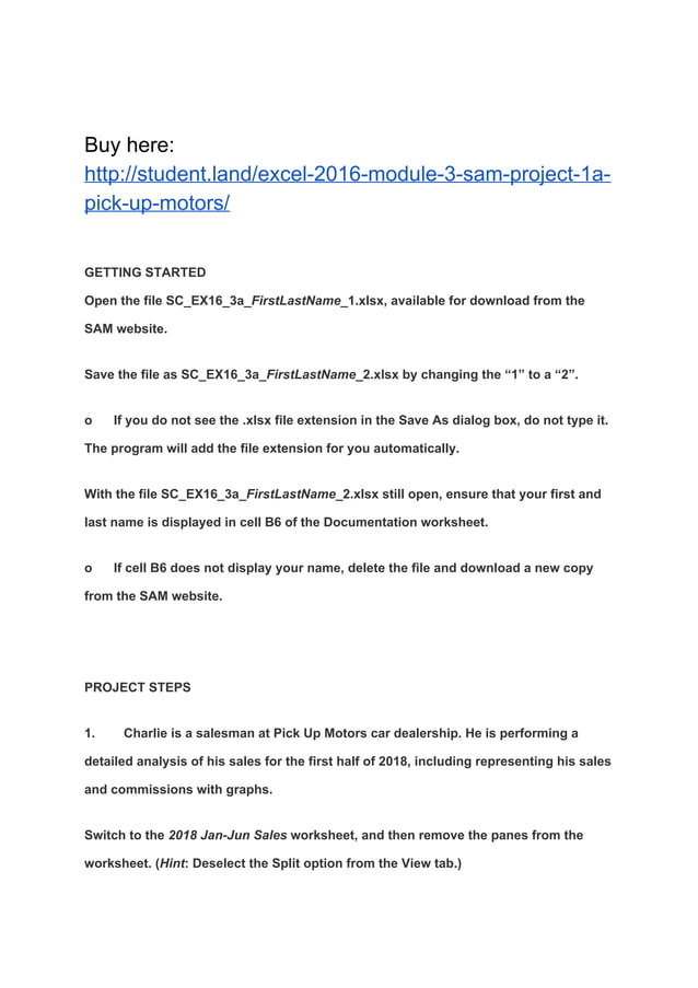 Excel 2016 | Module 3: SAM Project 1a Pick Up Motors | PDF