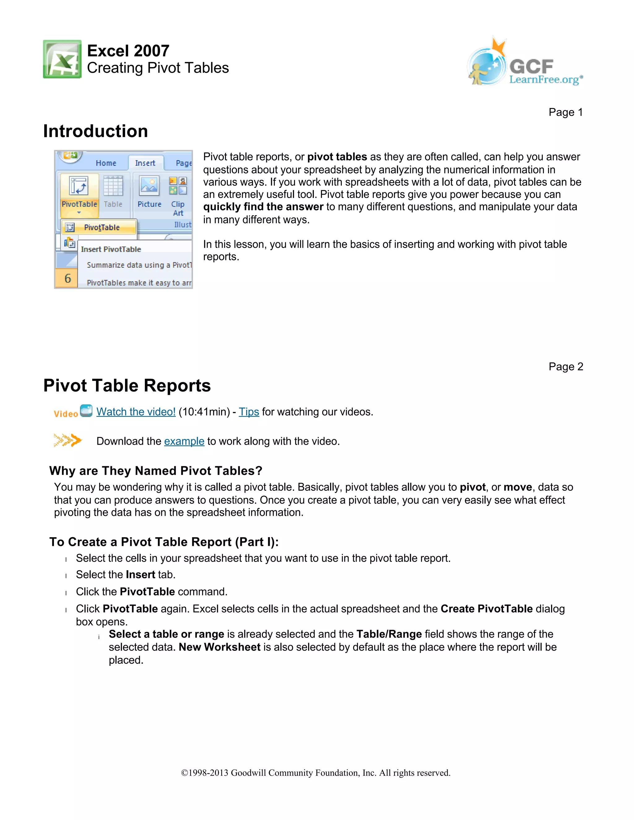 Excel creating pivot table | PDF Excel creating pivot table | PDF