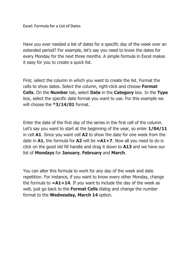 Excel Formula For A List Of Dates Pdf
