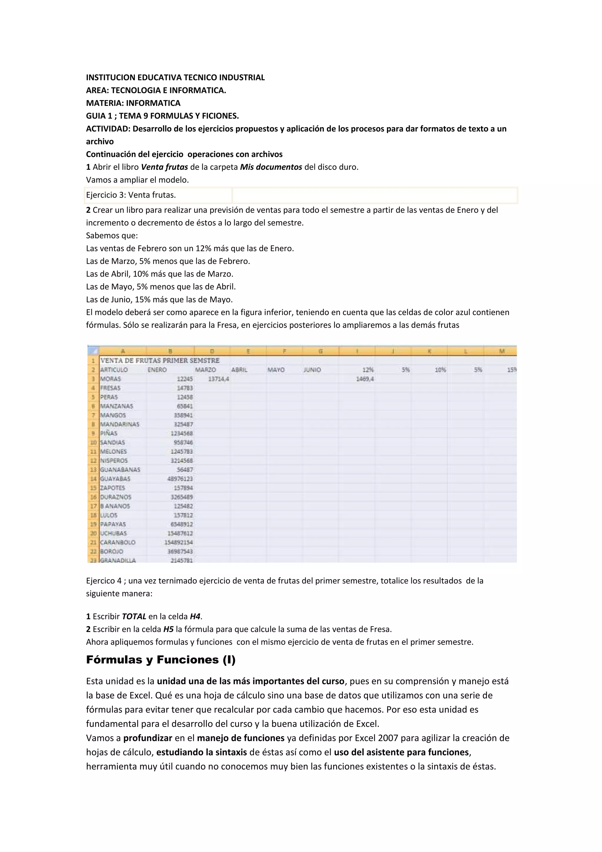 Excel guia tema 9 formulas y funciones en excel grado 8 | DOCX