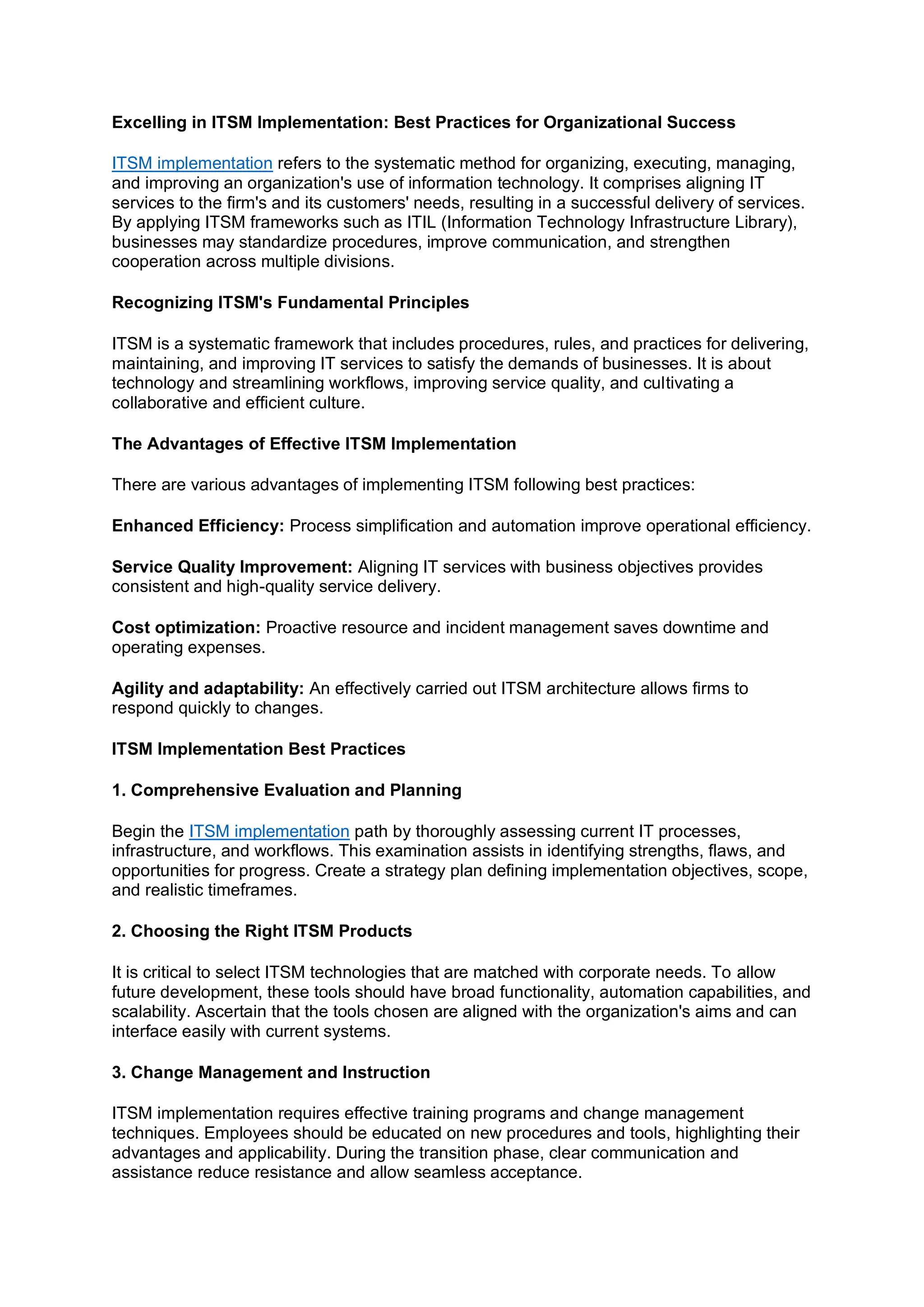 Excelling In Itsm Implementation Best Practices For Organizational Successpdf