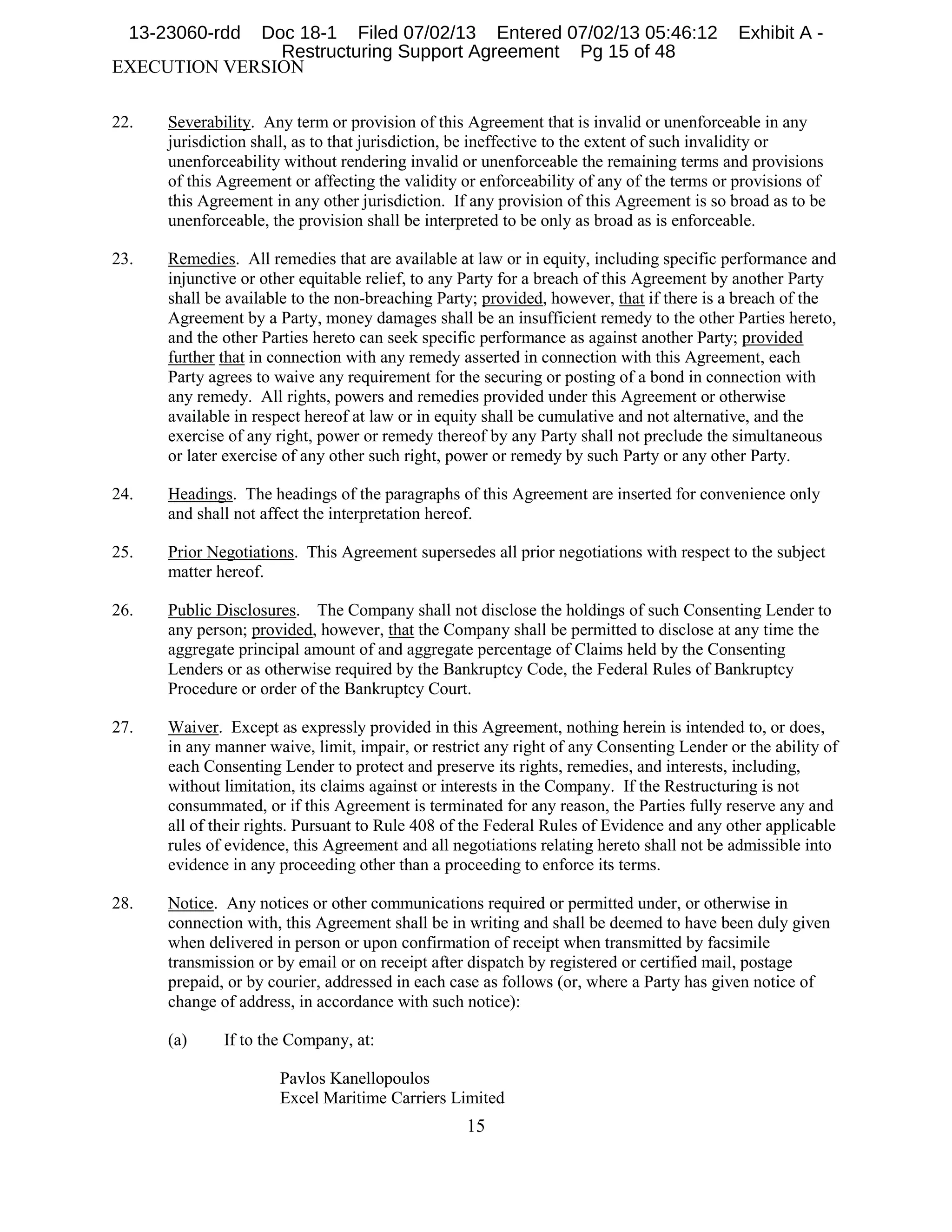 Excel maritime plan support agreement | PDF