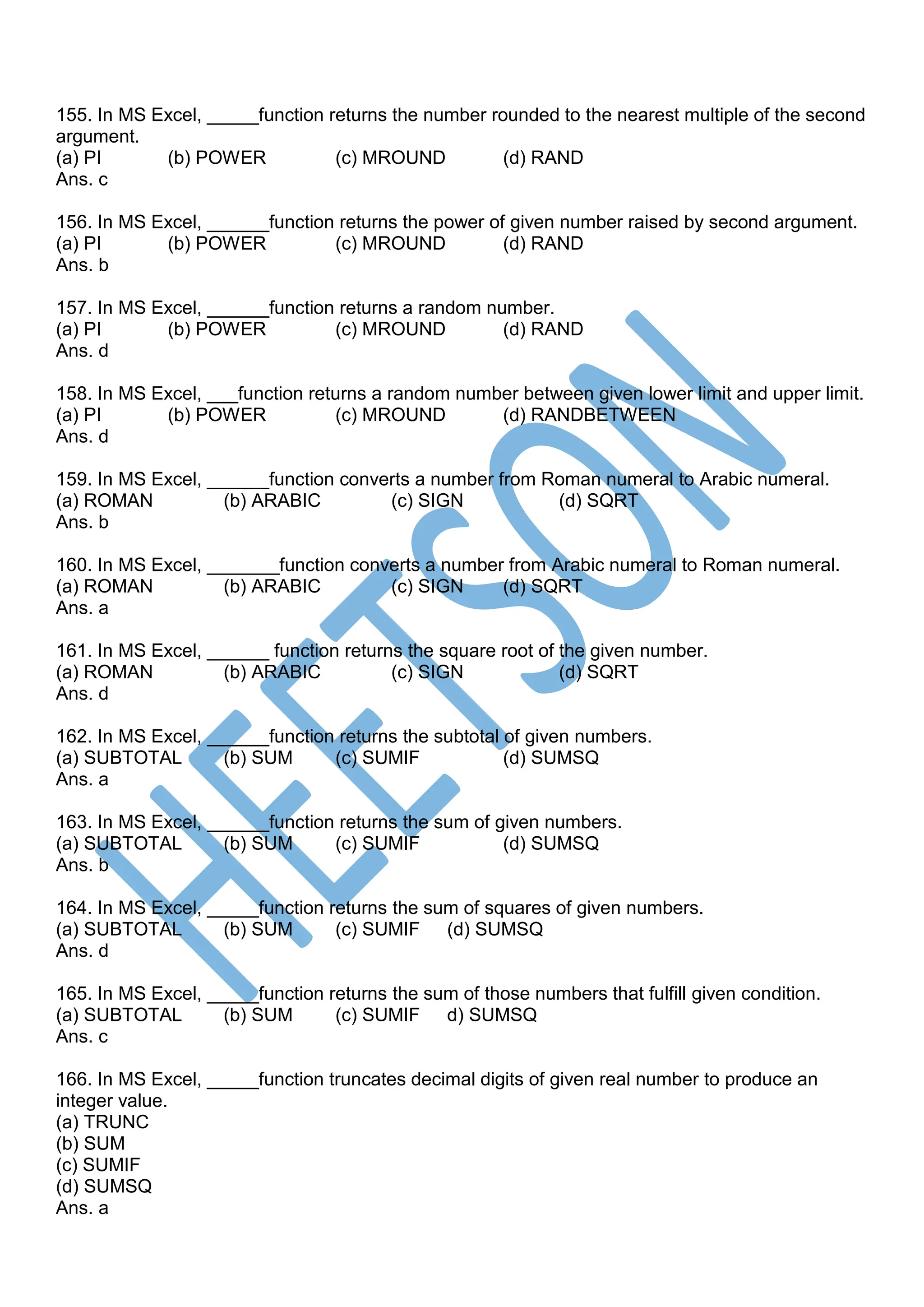 MS Excel MCQ Questions and Answers (Microsoft Office) | PDF