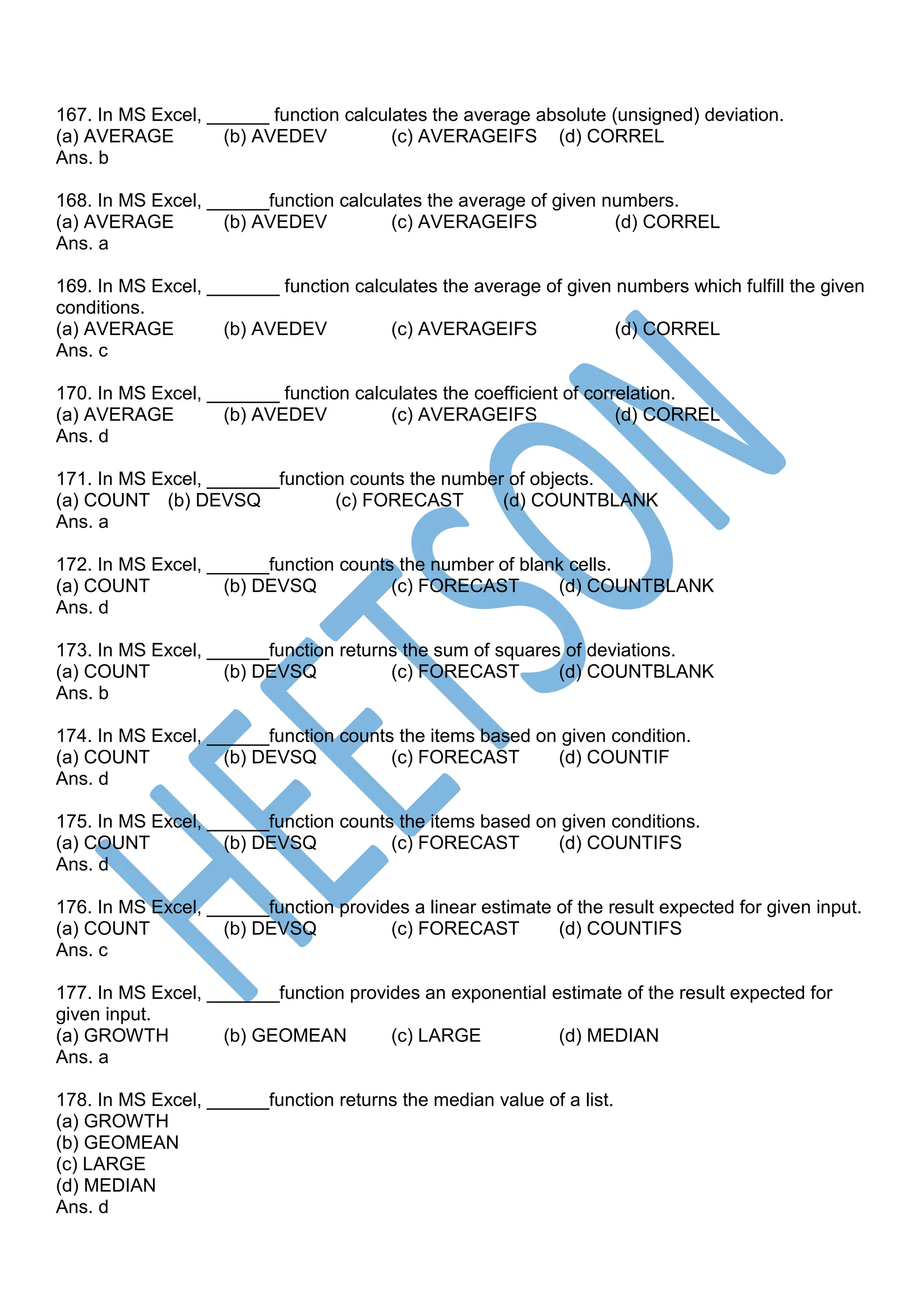 MS Excel MCQ Questions and Answers (Microsoft Office) | PDF