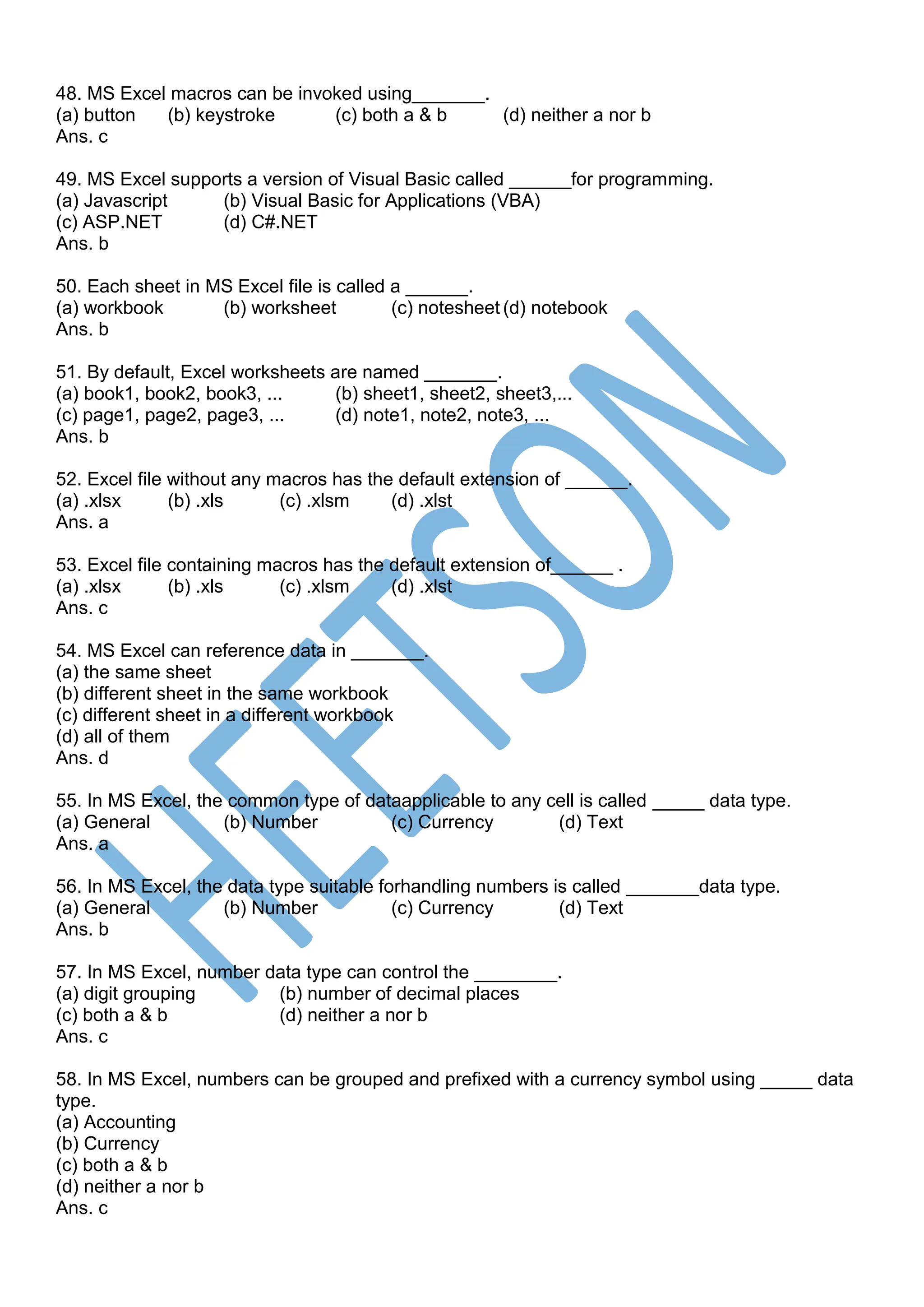 MS Excel MCQ Questions and Answers (Microsoft Office) | PDF