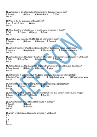 MS Excel MCQ Questions and Answers (Microsoft Office) | PDF