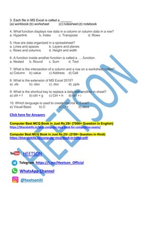 MS Excel MCQ Questions and Answers (Microsoft Office) | PDF | Computing | Technology & Computing