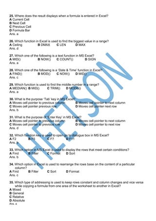 MS Excel MCQ Questions and Answers (Microsoft Office) | PDF