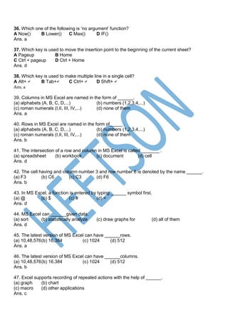 MS Excel MCQ Questions and Answers (Microsoft Office) | PDF | Computing | Technology & Computing