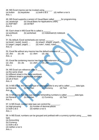 MS Excel MCQ Questions and Answers (Microsoft Office) | PDF