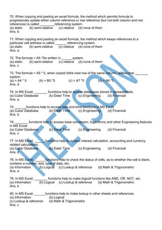 MS Excel MCQ Questions and Answers (Microsoft Office) | PDF