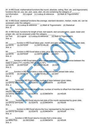 MS Excel MCQ Questions and Answers (Microsoft Office) | PDF | Computing | Technology & Computing
