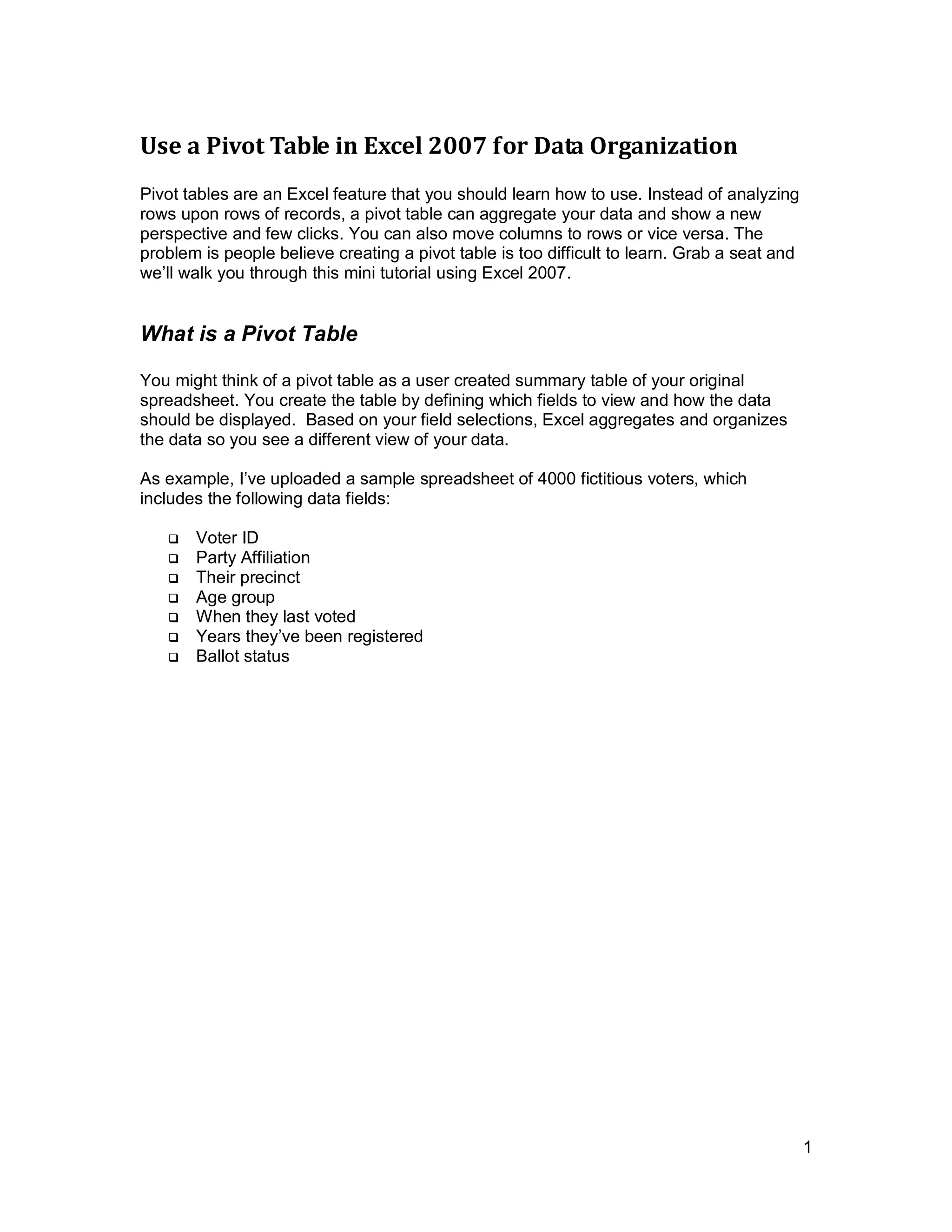 Excel pivot tables (1) | PDF