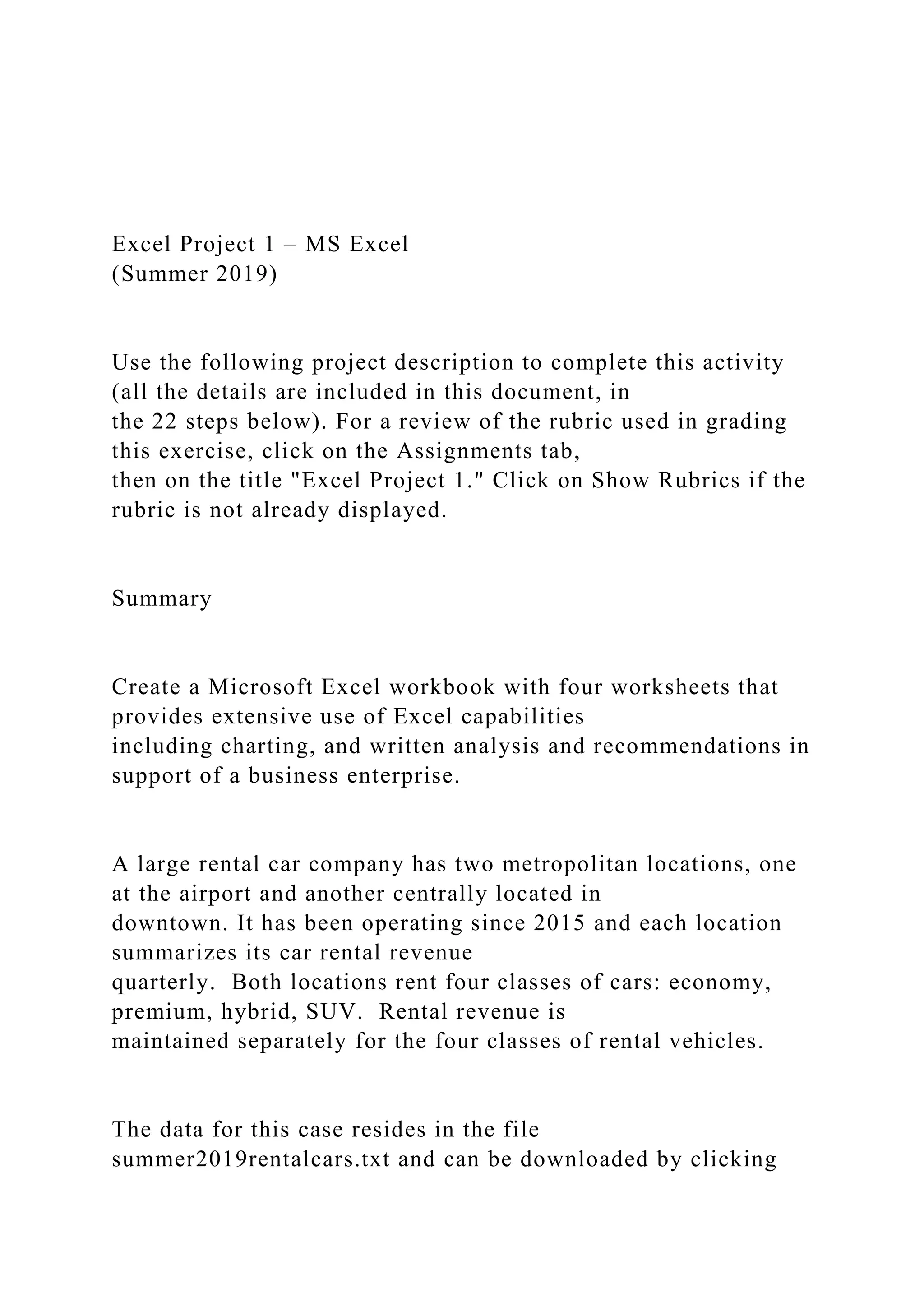 Excel Project 1 – MS Excel (Summer 2019) Use the foll.docx