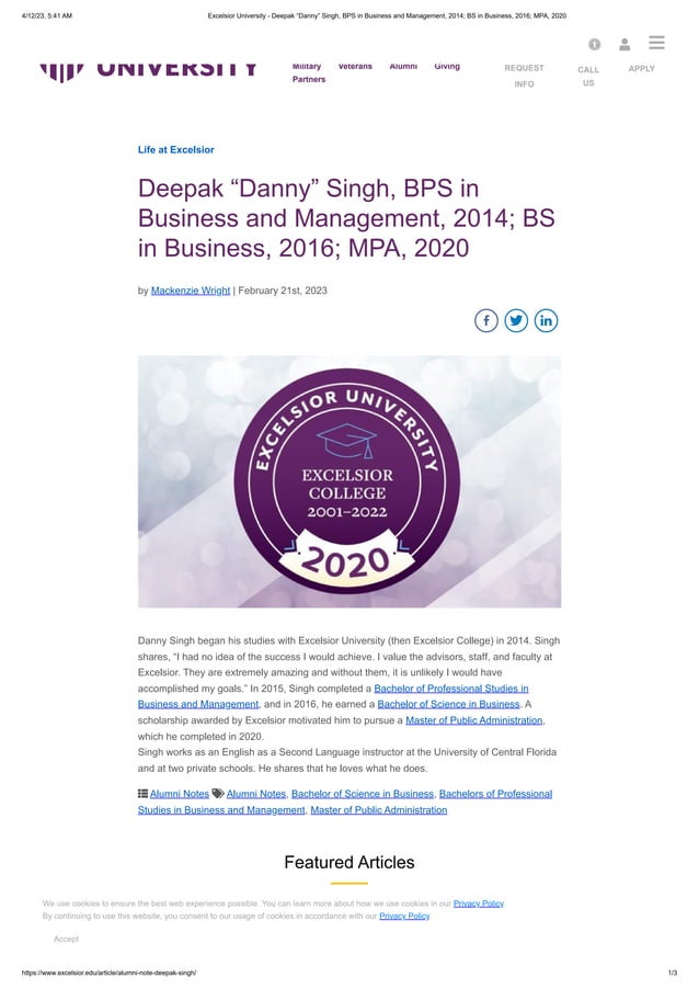 Deepak “Danny” Singh, BPS in Business and Management, 2014; BS in ...