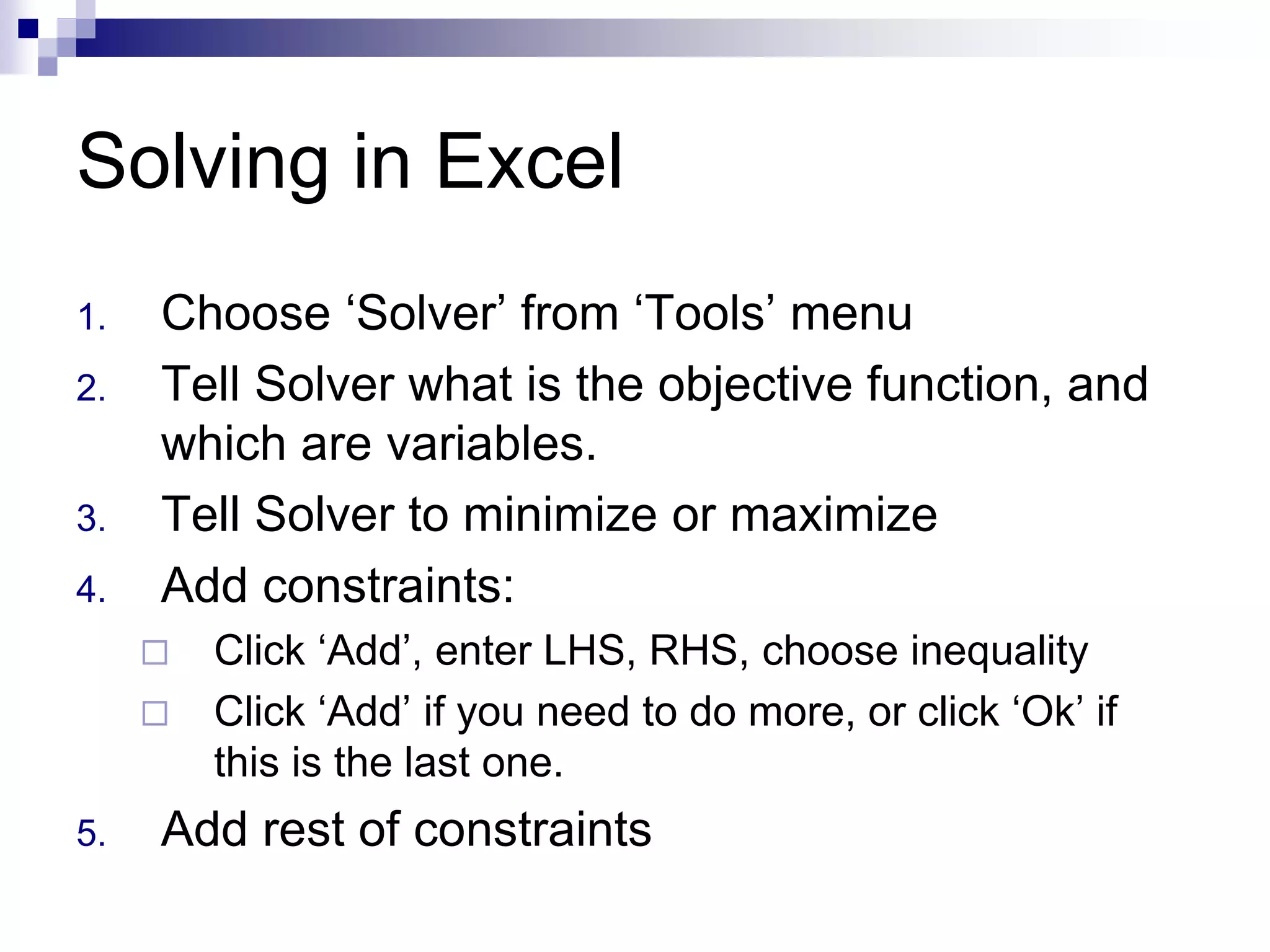Excel solver | PPTX | Logistics | Business