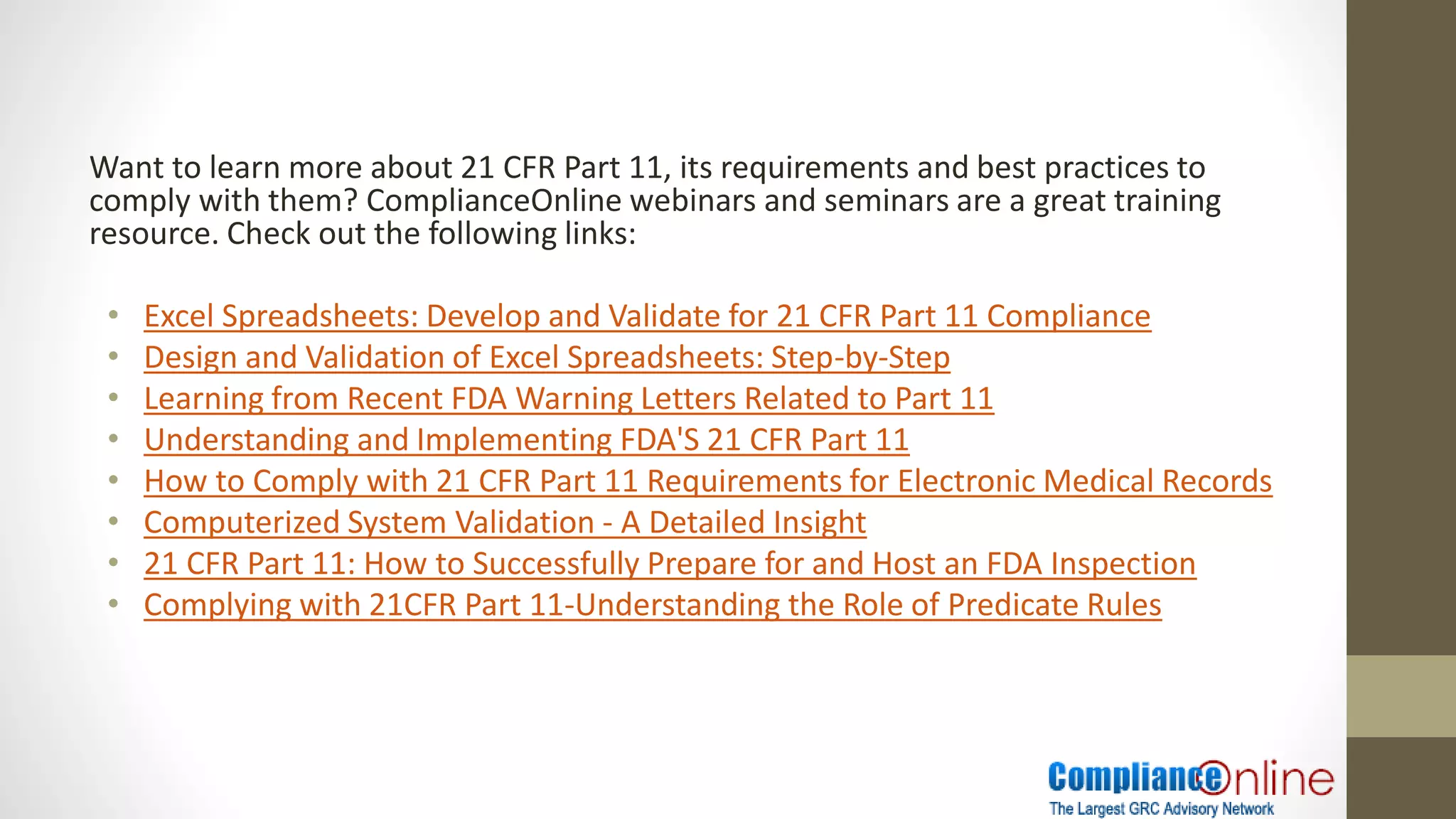 Excel spreadsheets how to ensure 21 cfr part 11 compliance | PPTX