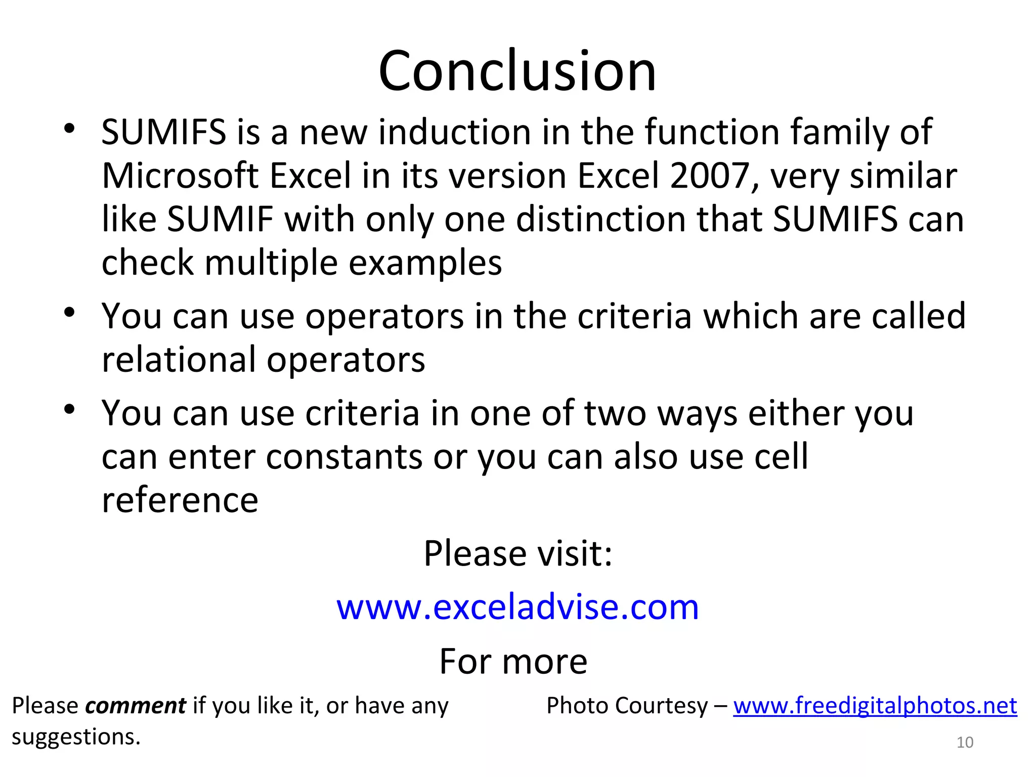 Excel SUMIFS Function | PPT