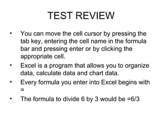 Excel test review | PPT | Technology & Computing