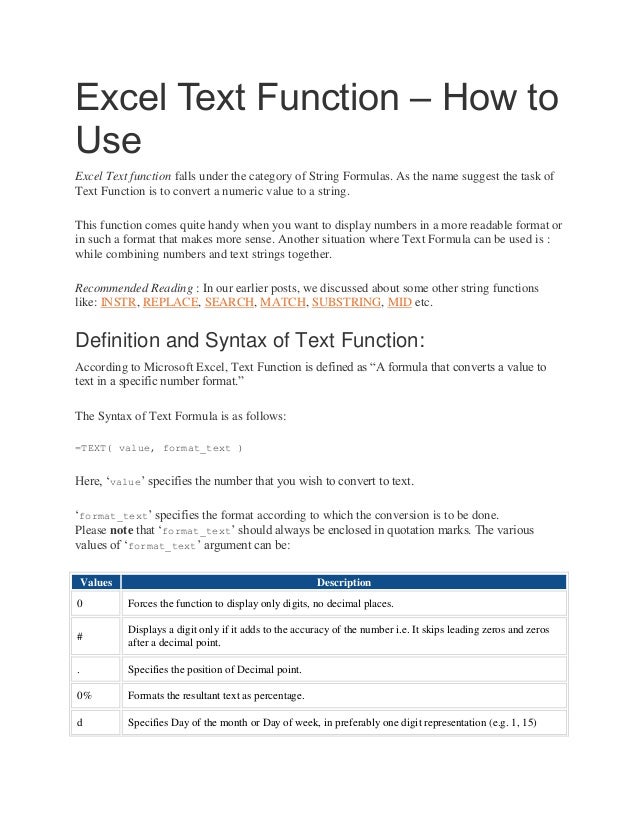 Excel text function