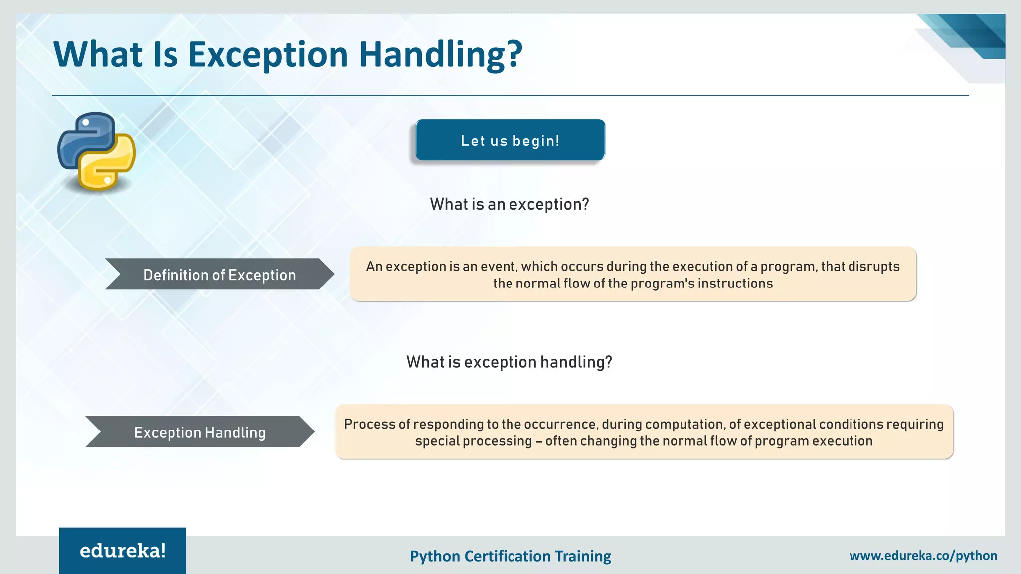 Exception Handling In Python Exceptions In Python Python Programming Tutorial Edureka Ppt