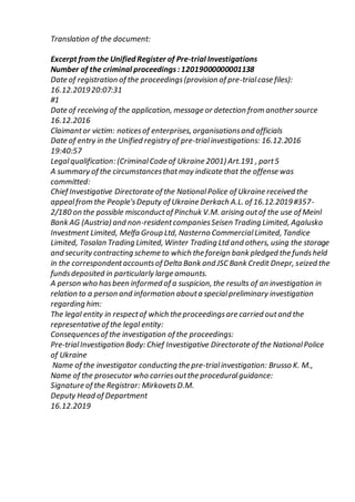 Excerpt from the unified register of pre trial investigations under the ...