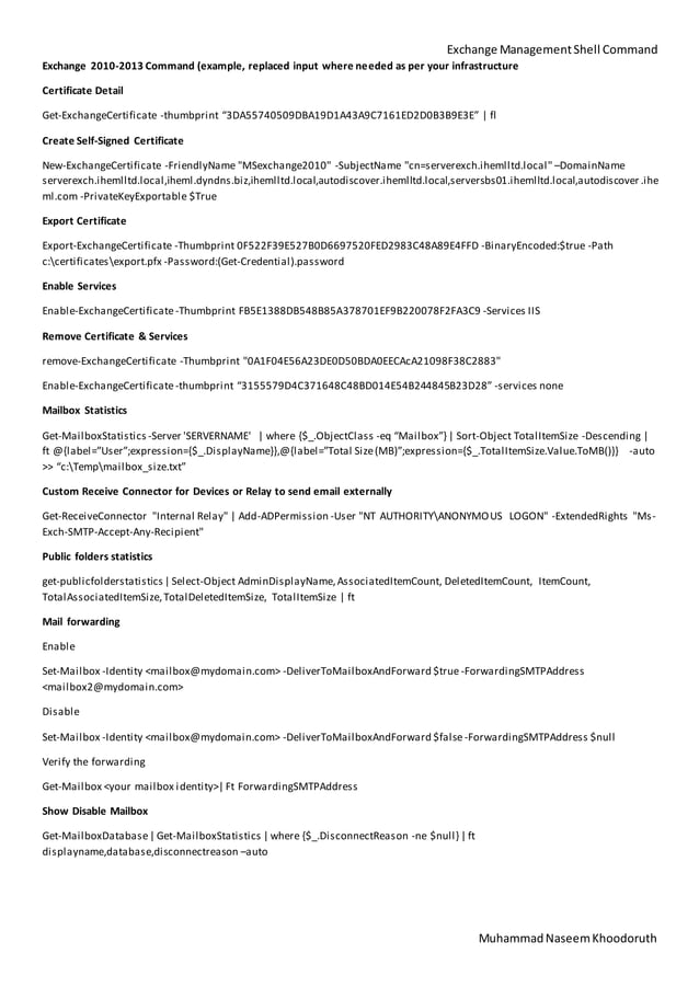 Exchange 2010/2013 Exchange Management Shell Command | PDF