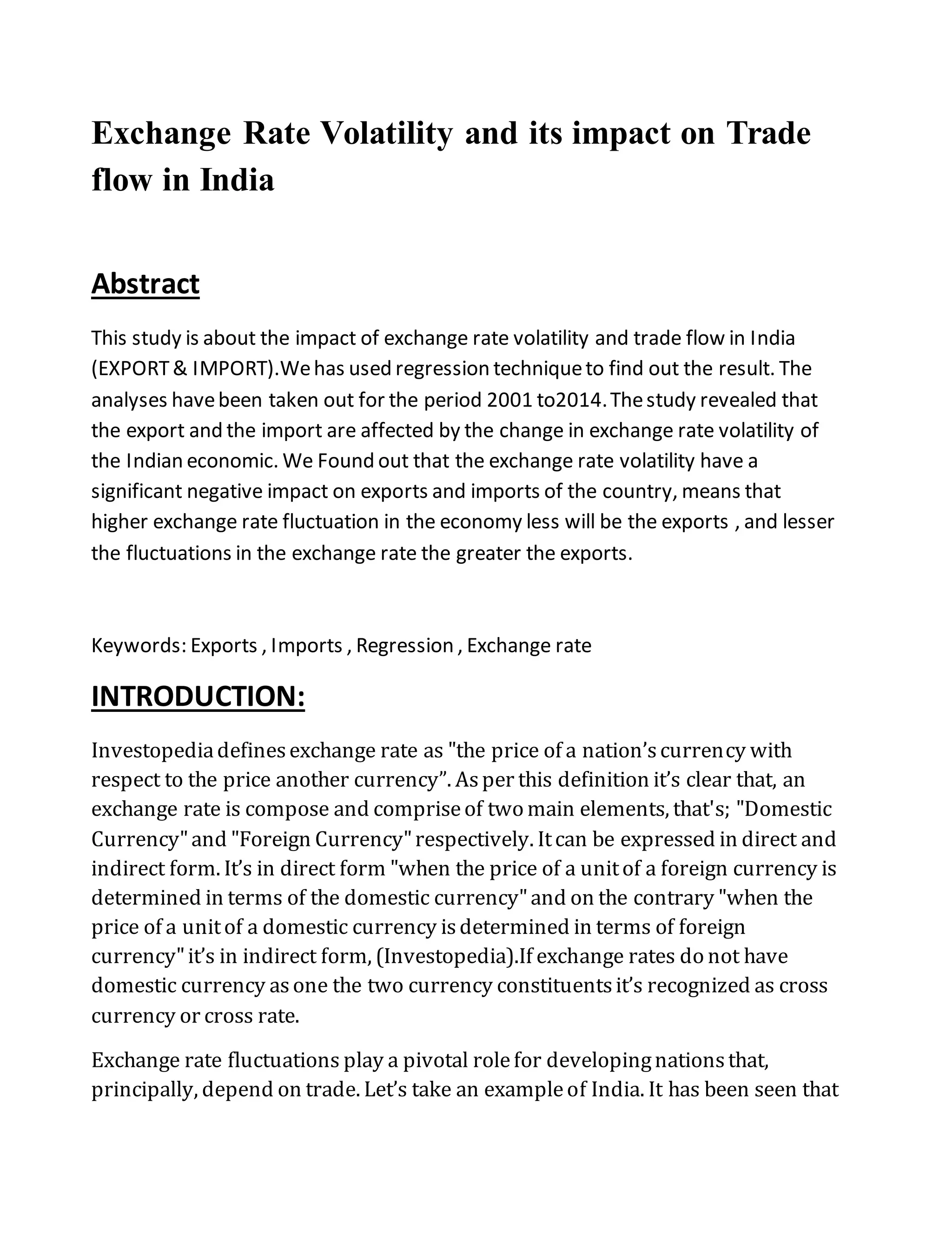 Exchange rate volatality and its impact on trade flow in India | PDF