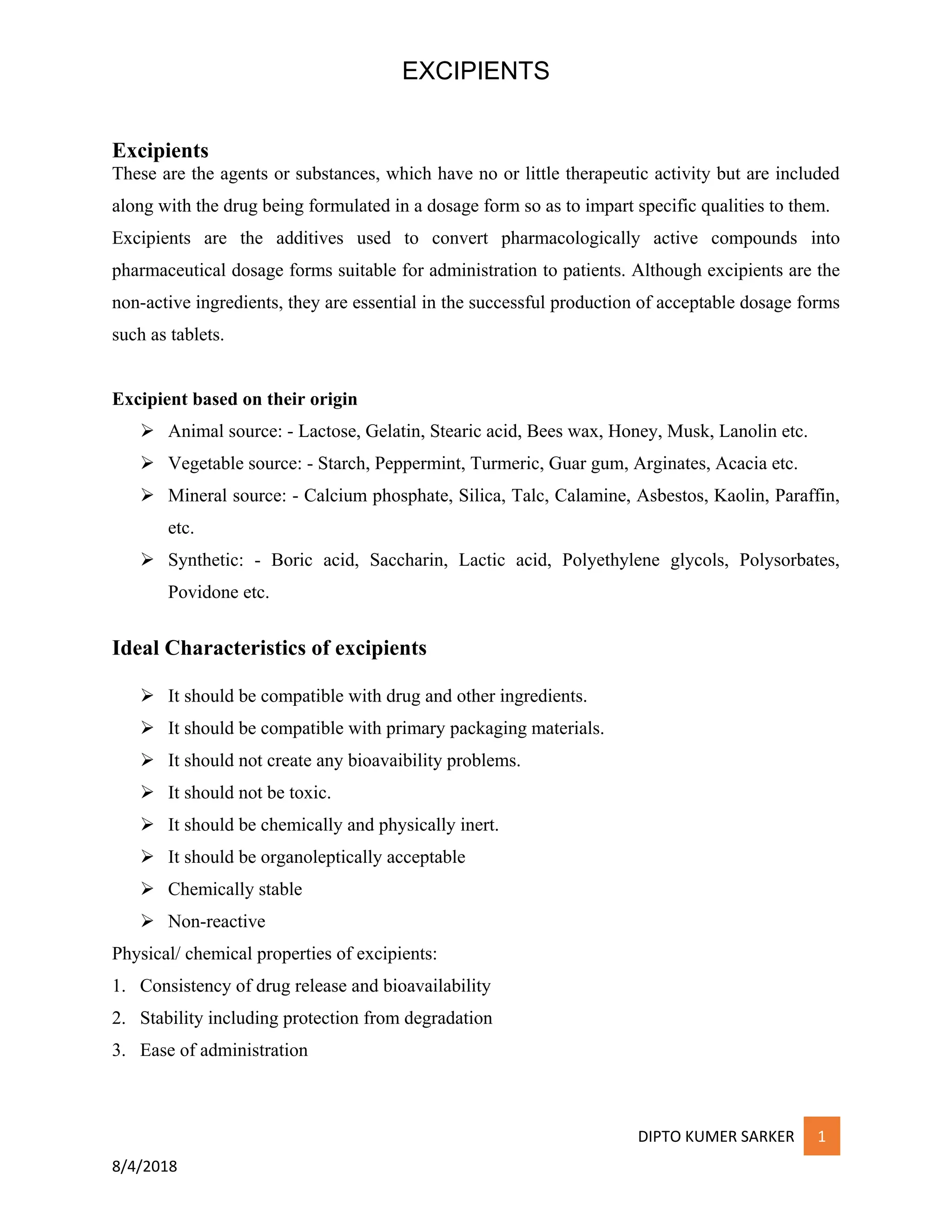 Pharmaceutical Excipients | PDF