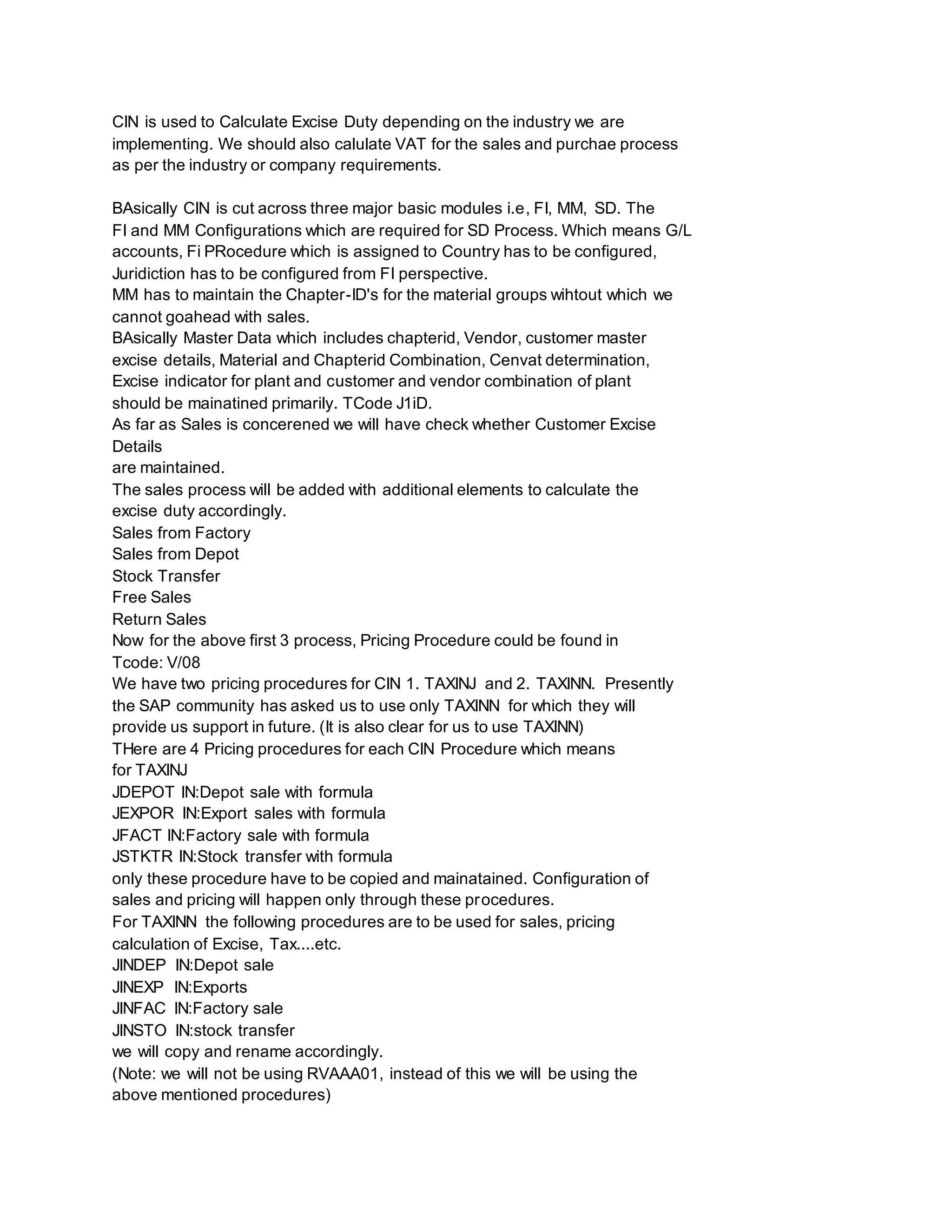 SAP CIN Excise group settings | DOCX