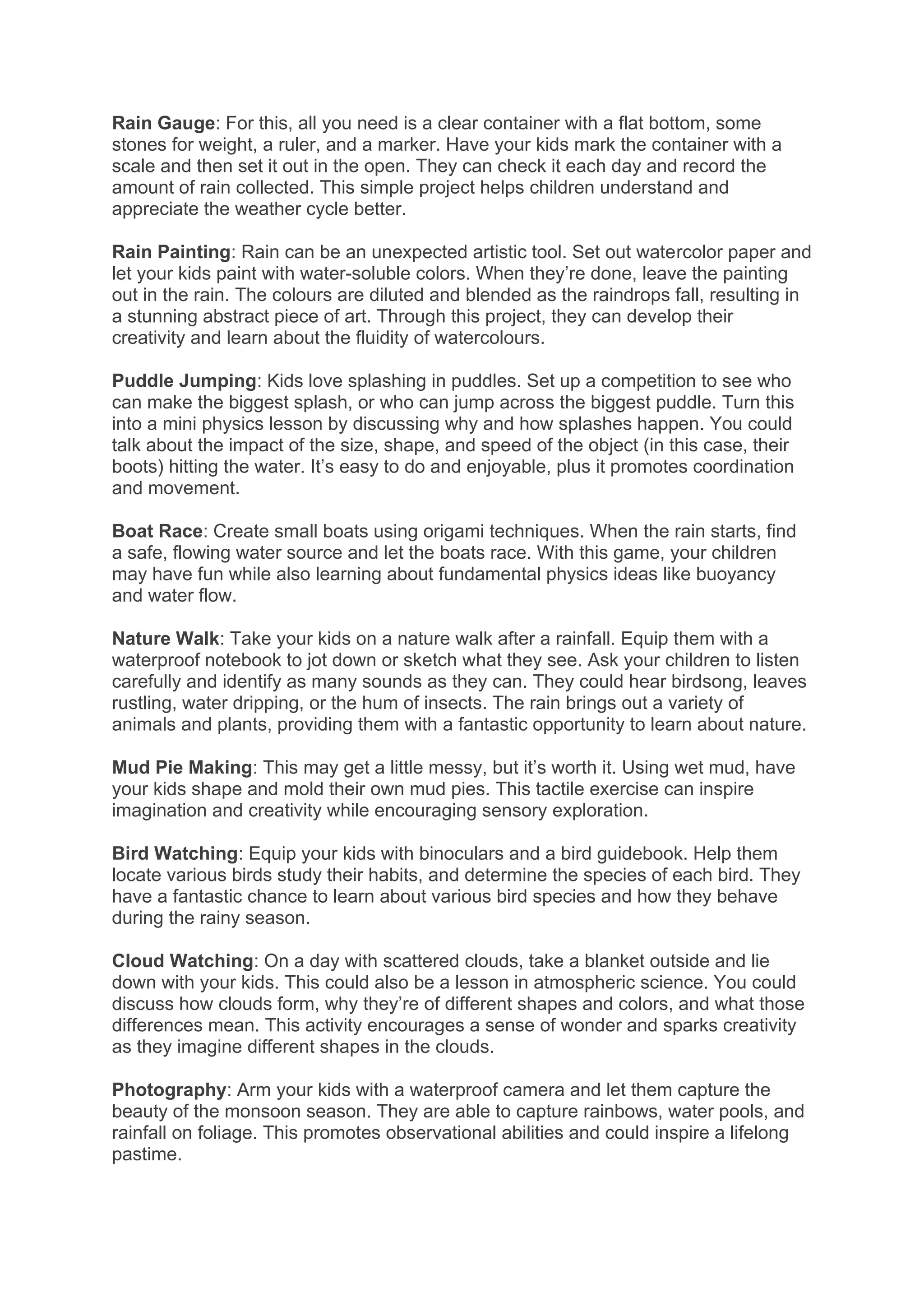 Exciting Monsoon Activities for Kids | Eurokids | DOCX