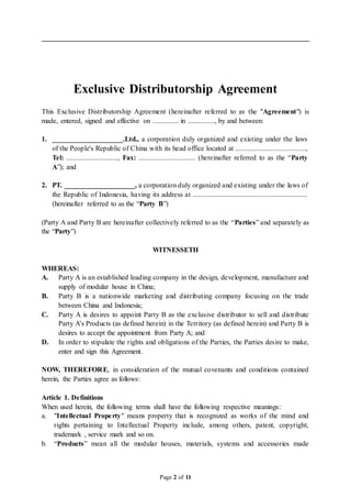 Exclusive Distributorship Agreement Sample (Purchase this doc, Text ...