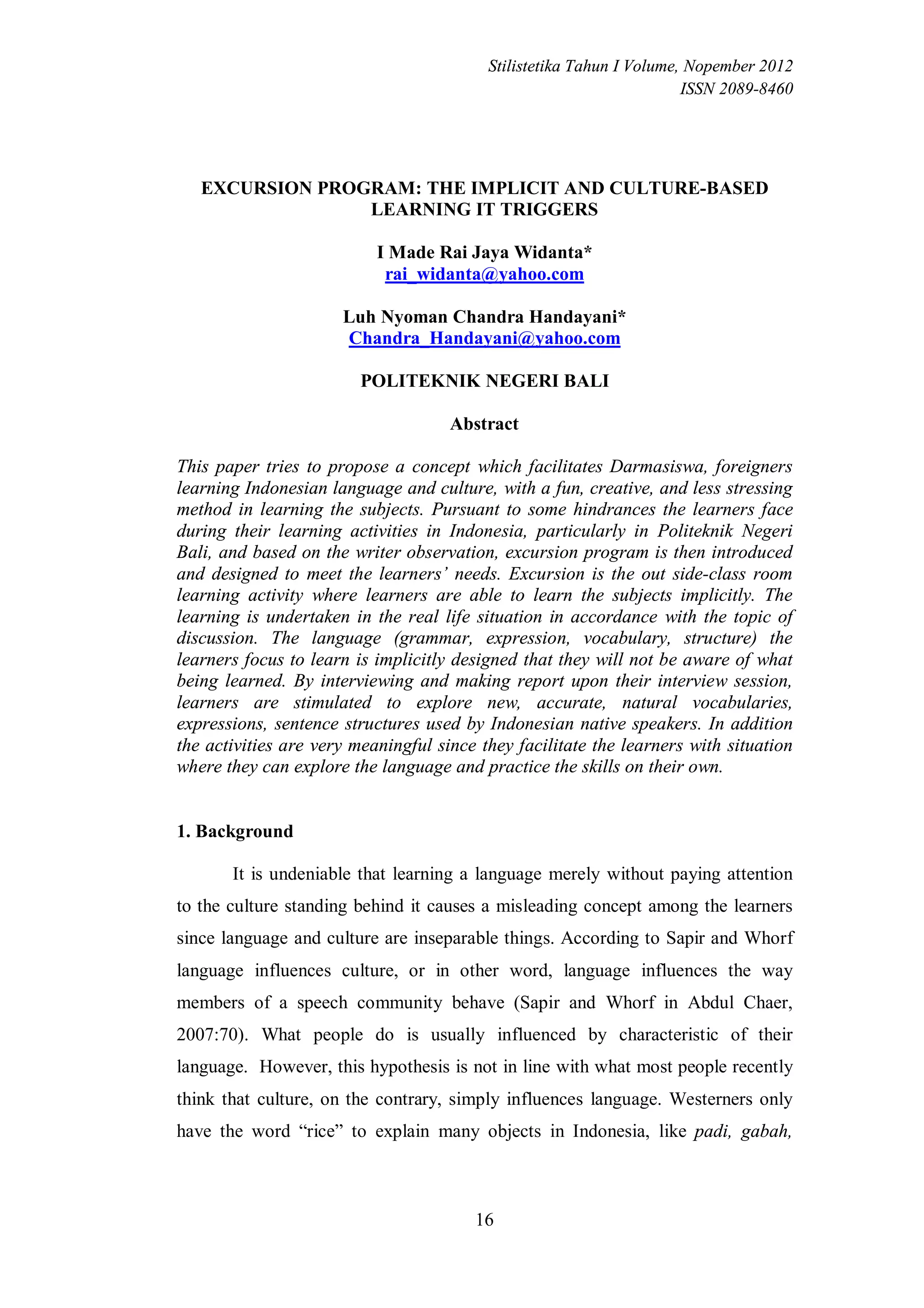 Excursion program the implicit and culture based learning it triggers | PDF | Homework and Study ...