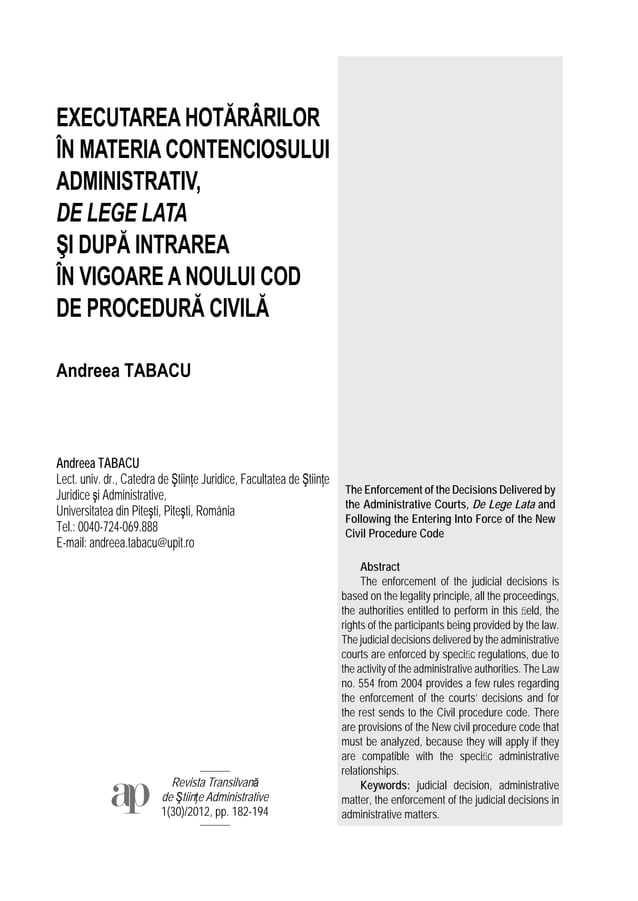 Executarea silita in contencios administrativ, dupa intrarea in vigoare ...