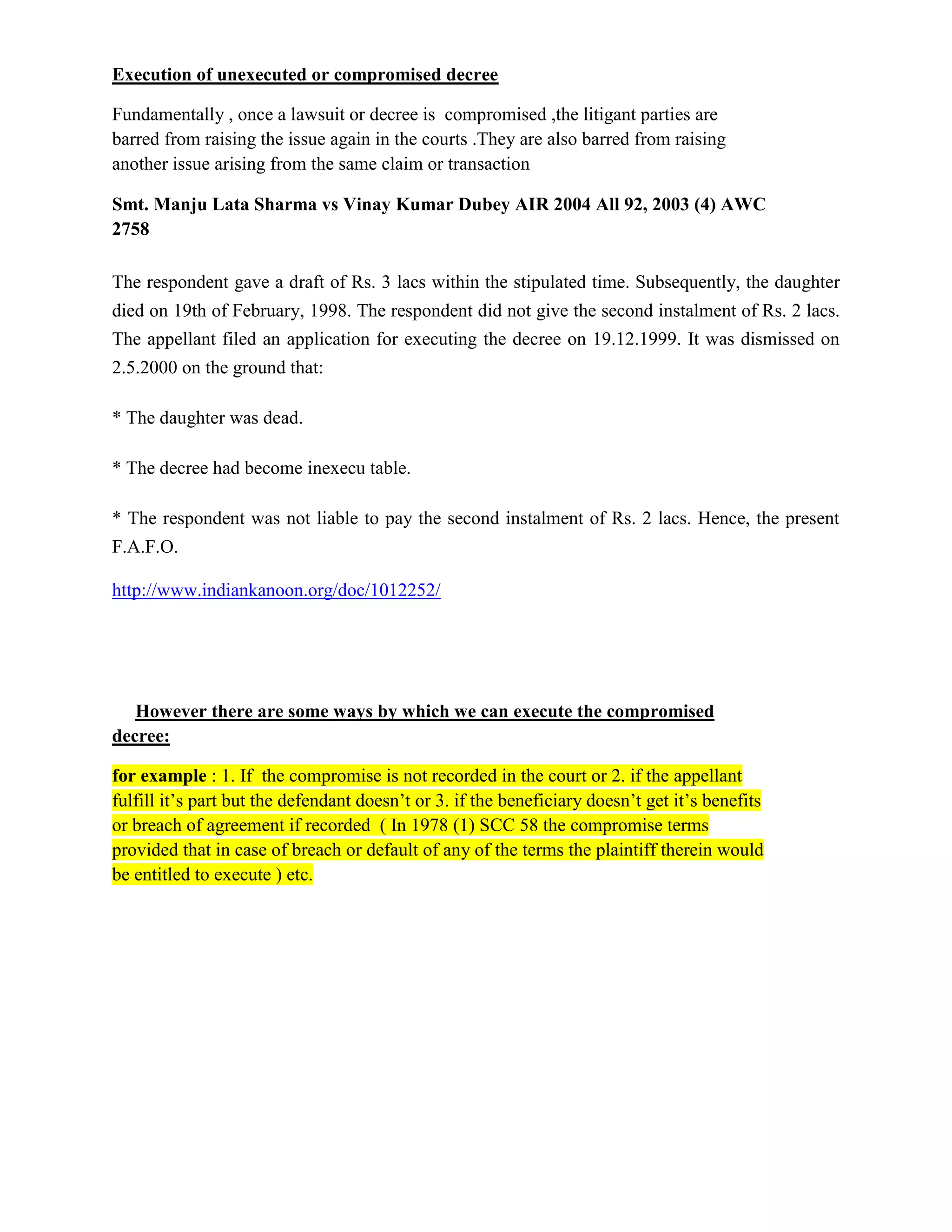 Execution of unexecuted or compromised decree | DOCX | Marriage and ...