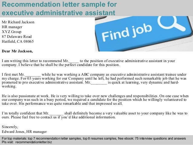 Executive administrative assistant recommendation letter