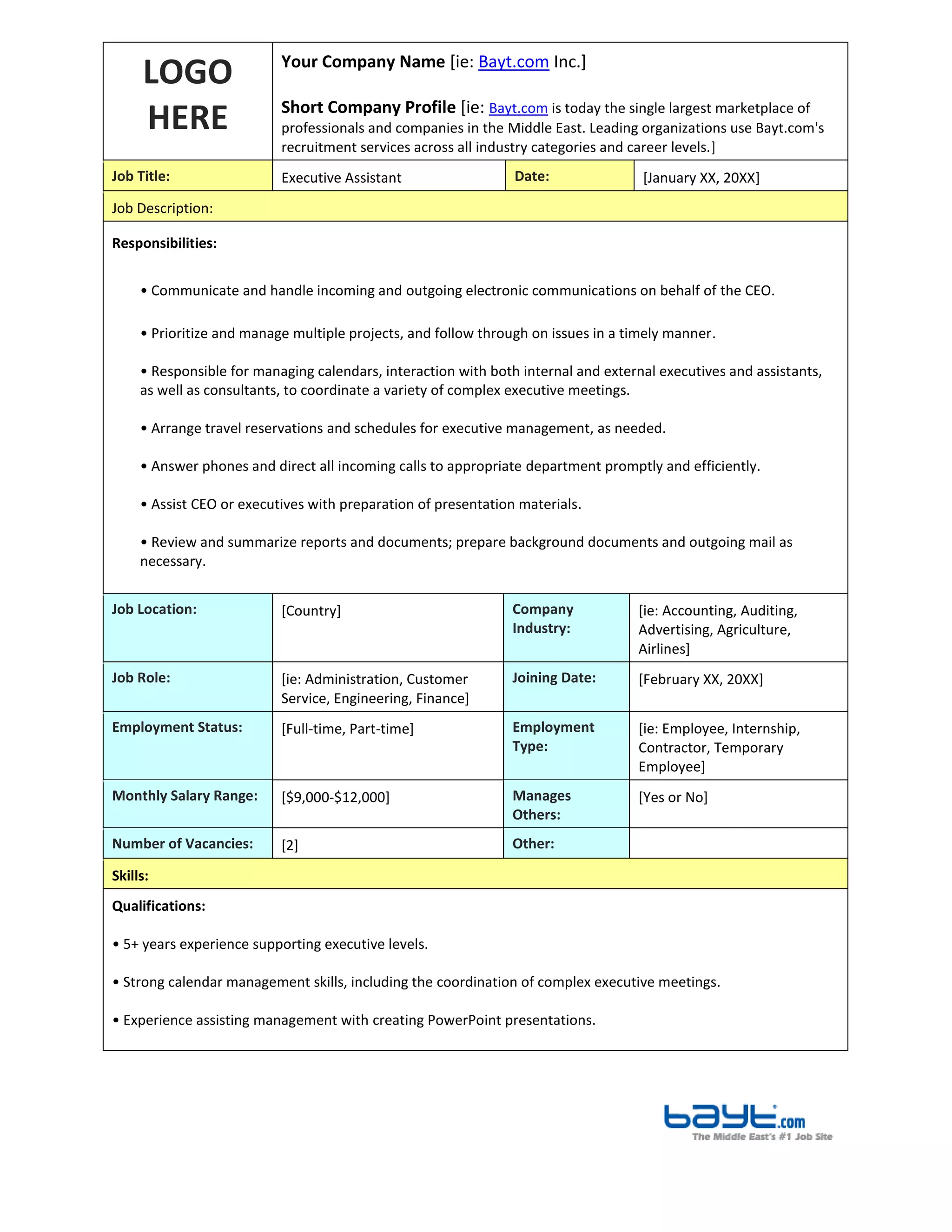 Executive Assistant Job Description Template by Bayt.com
