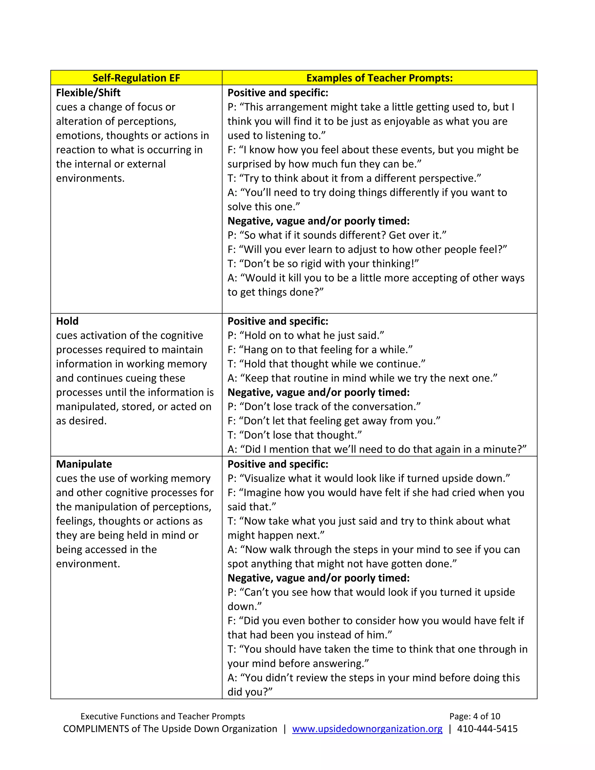 Self-Regulation Executive Function Definitions with Examples of Teacher ...