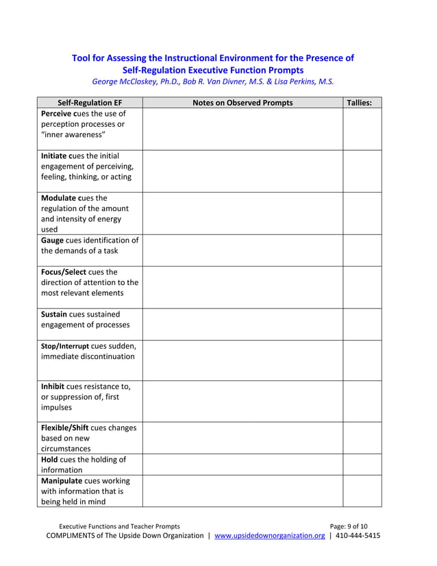 Self-Regulation Executive Function Definitions with Examples of Teacher Prompts George McCloskey ...