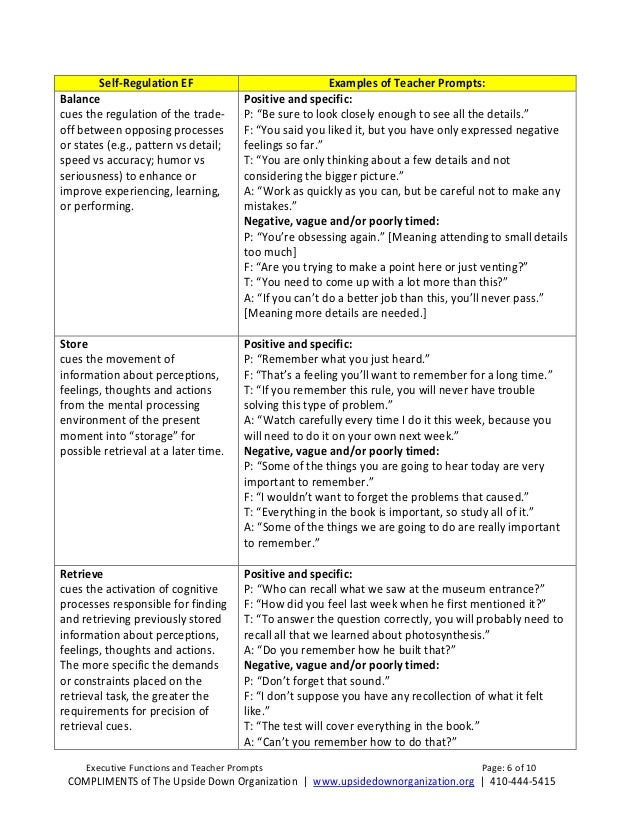 Self-Regulation Executive Function Definitions with Examples of Teach…