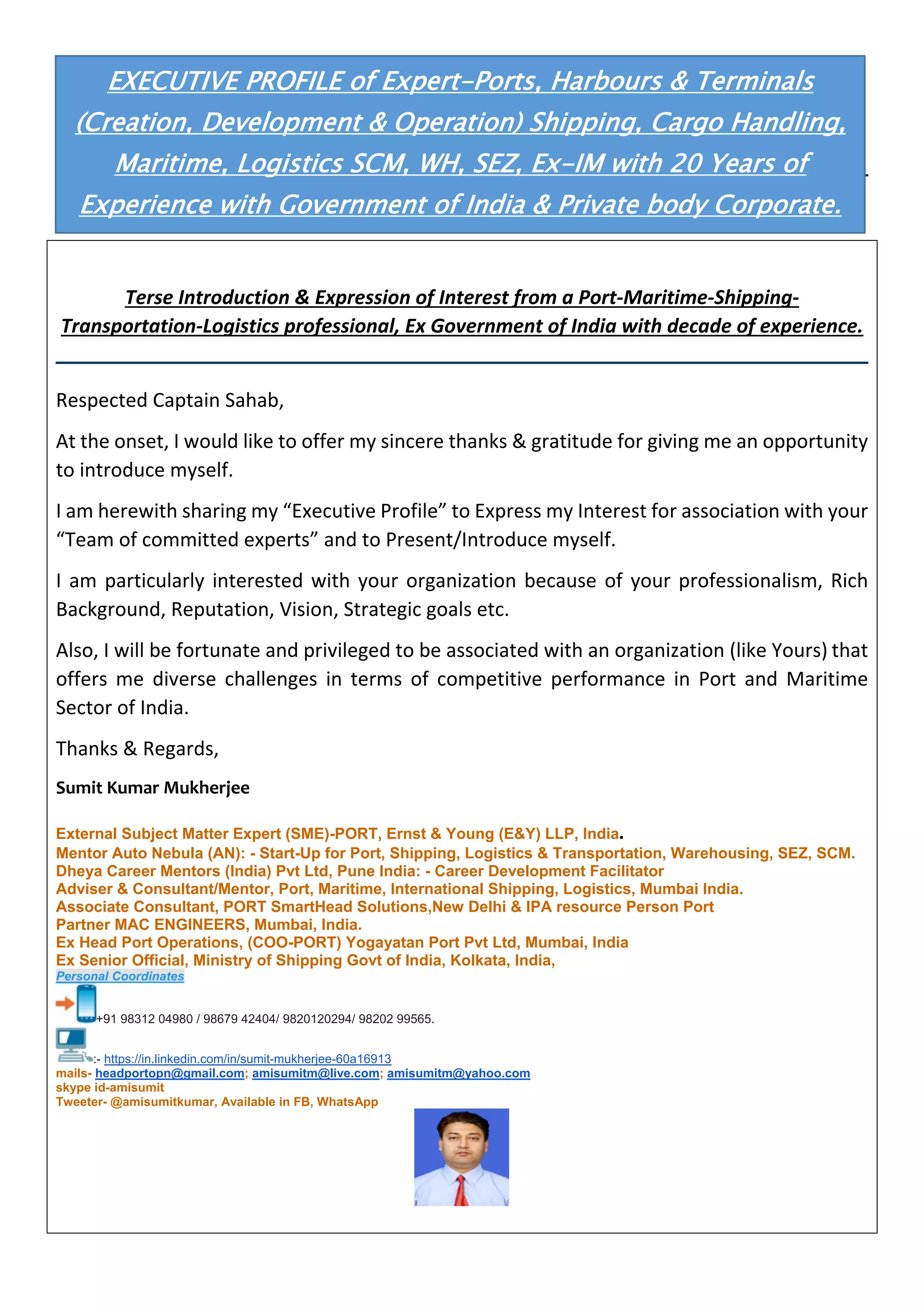 Executive profile of Sumit- 20 years in Indian Maritime-Logistics-Port | PDF