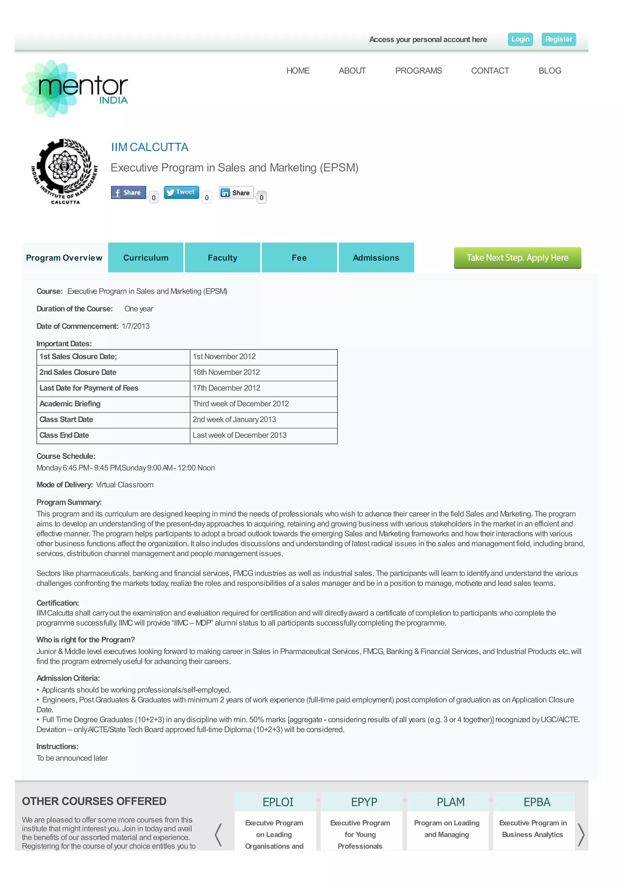 Executive Program in Sales and Marketing EPSM - IIM Calcutta | PDF