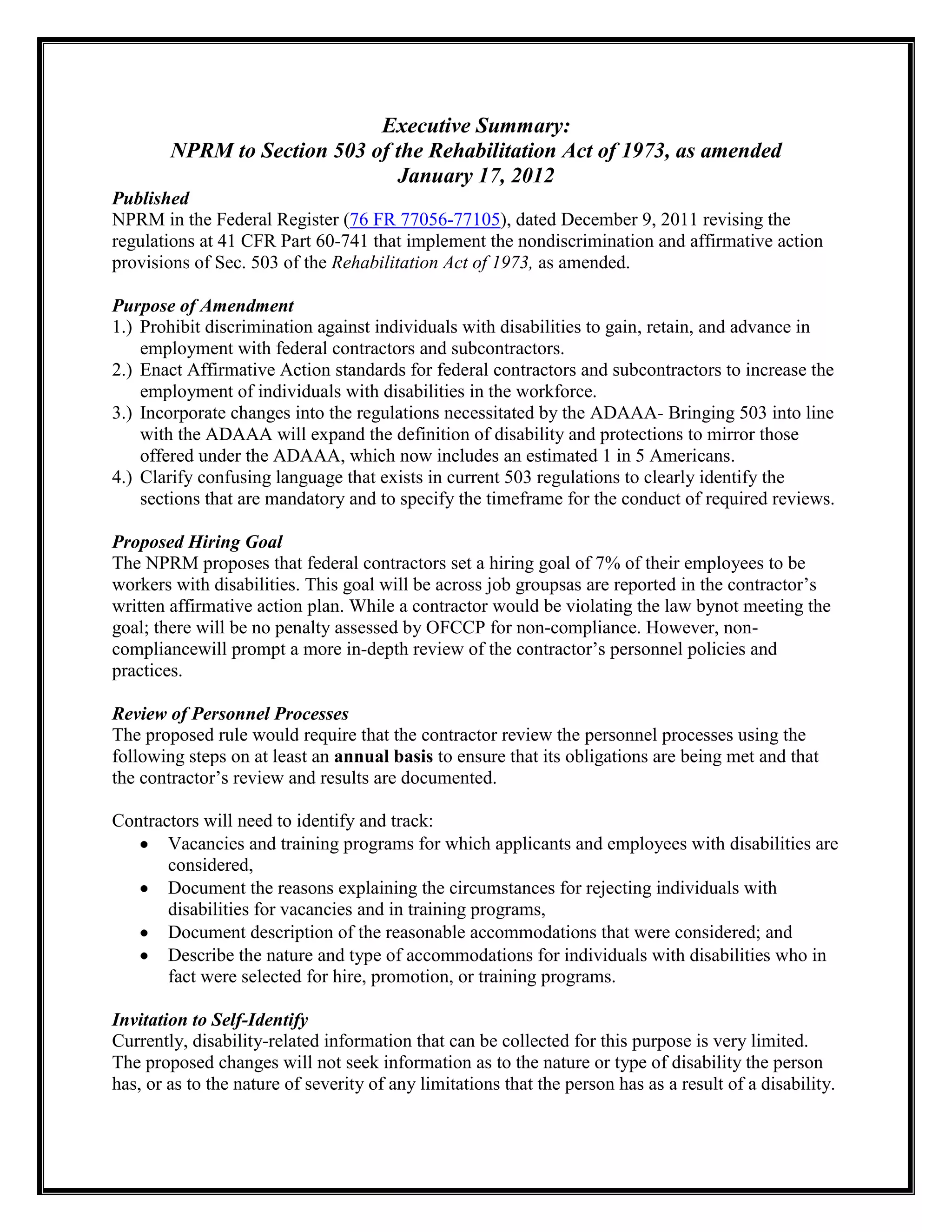 Executive Summary for NPRM of Section 503 of the Rehab Act | DOCX