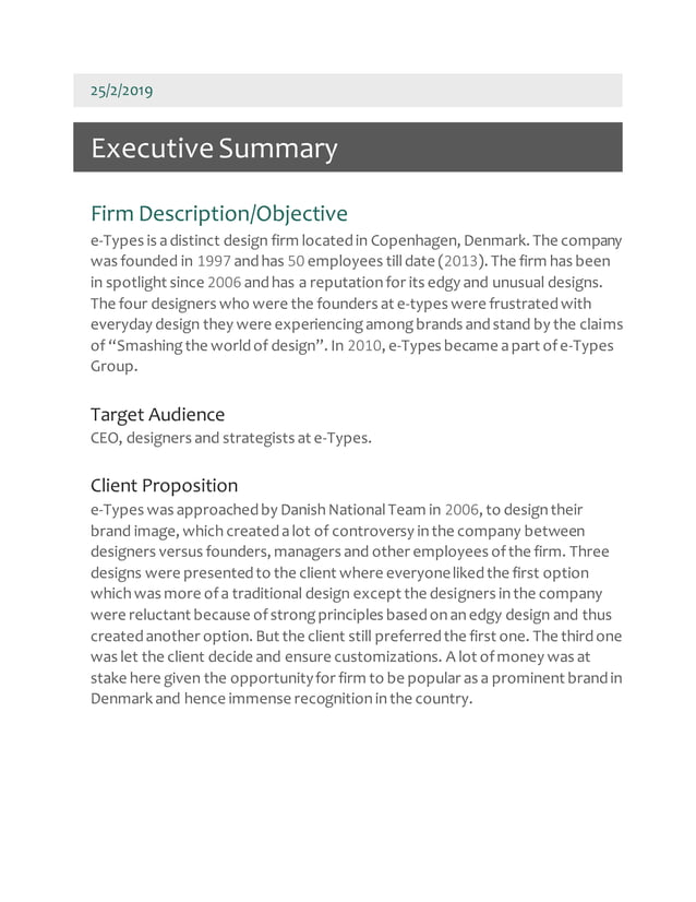 Executive summary for strategy formulation e types | DOCX