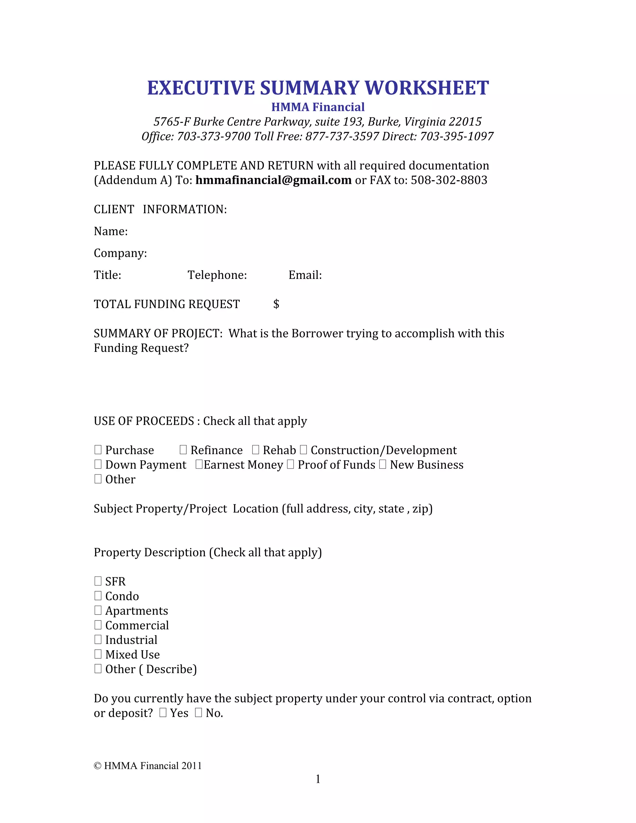 Executive Summary Worksheet | PDF